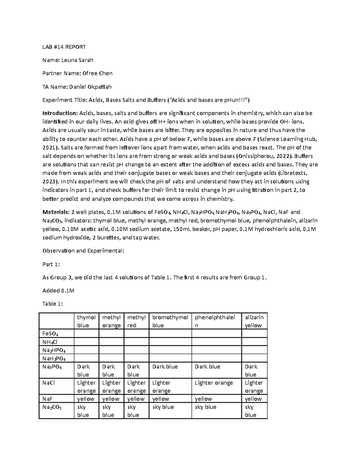 Chem 106 Lab 14: Acids, Bases, Salts and Buffers Experiment Report ...