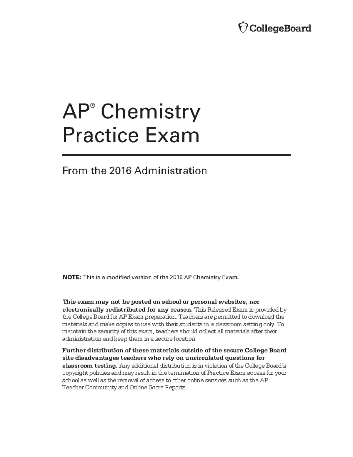 AP Chemistry 2015 Practice Exam: Multiple Choice Questions - Studocu