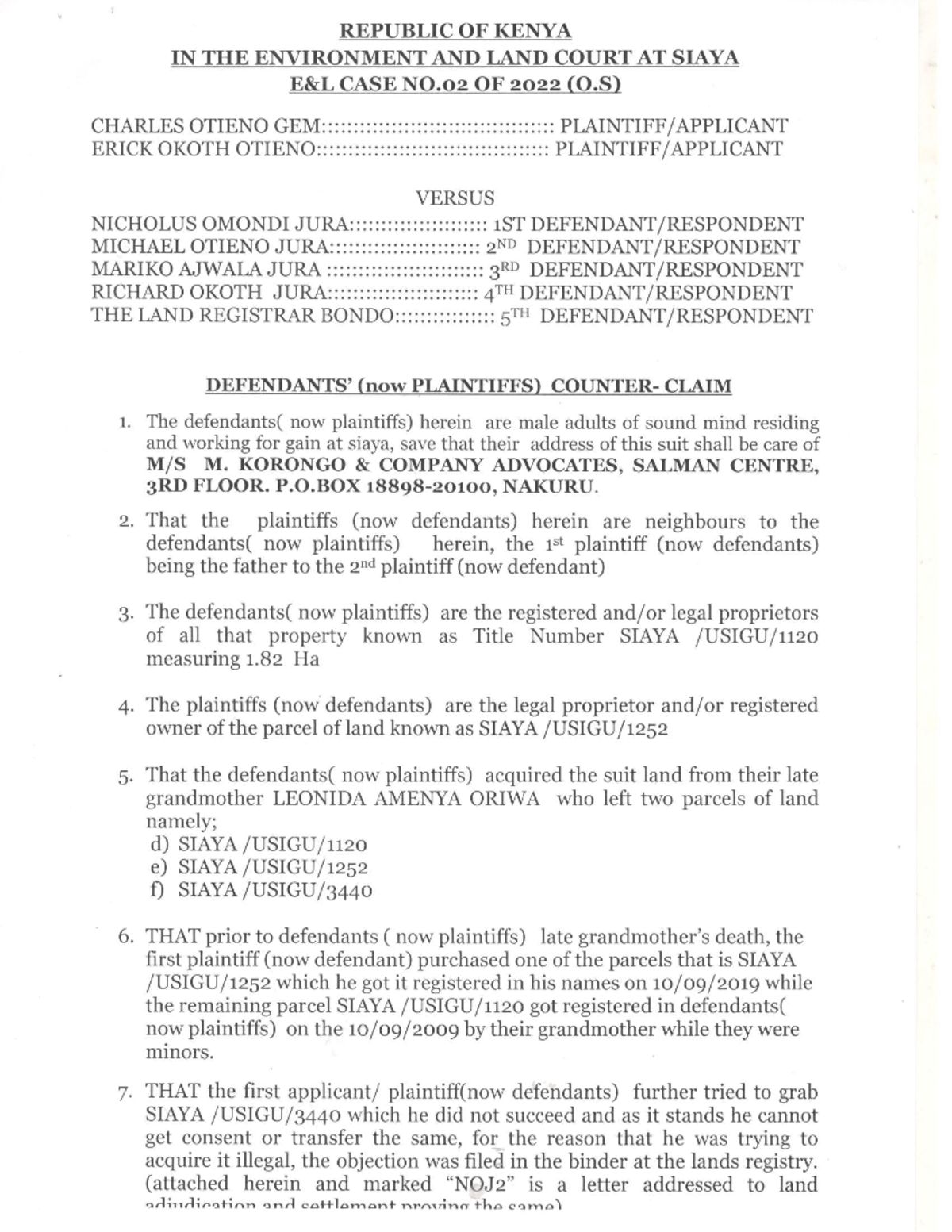 Counterclaim Case No. 02 of 2022: Charles Otieno Gem vs. Nicholus ...