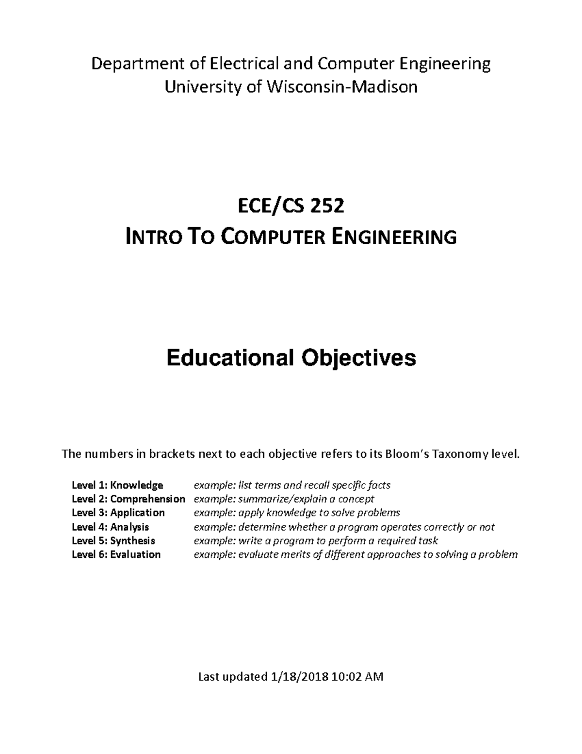 ECE252: Intro to Computer Engineering - Educational Objectives and ...