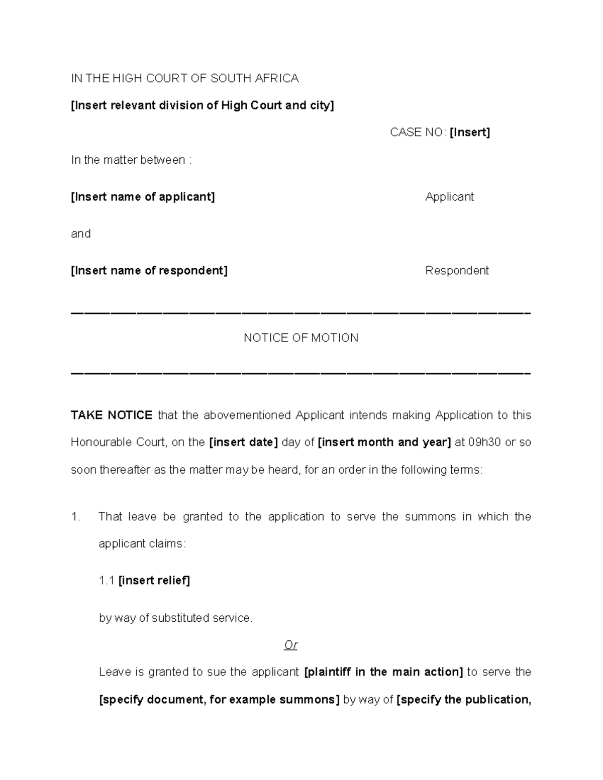Application for Substituted Service: Notice of Motion Template - Studocu