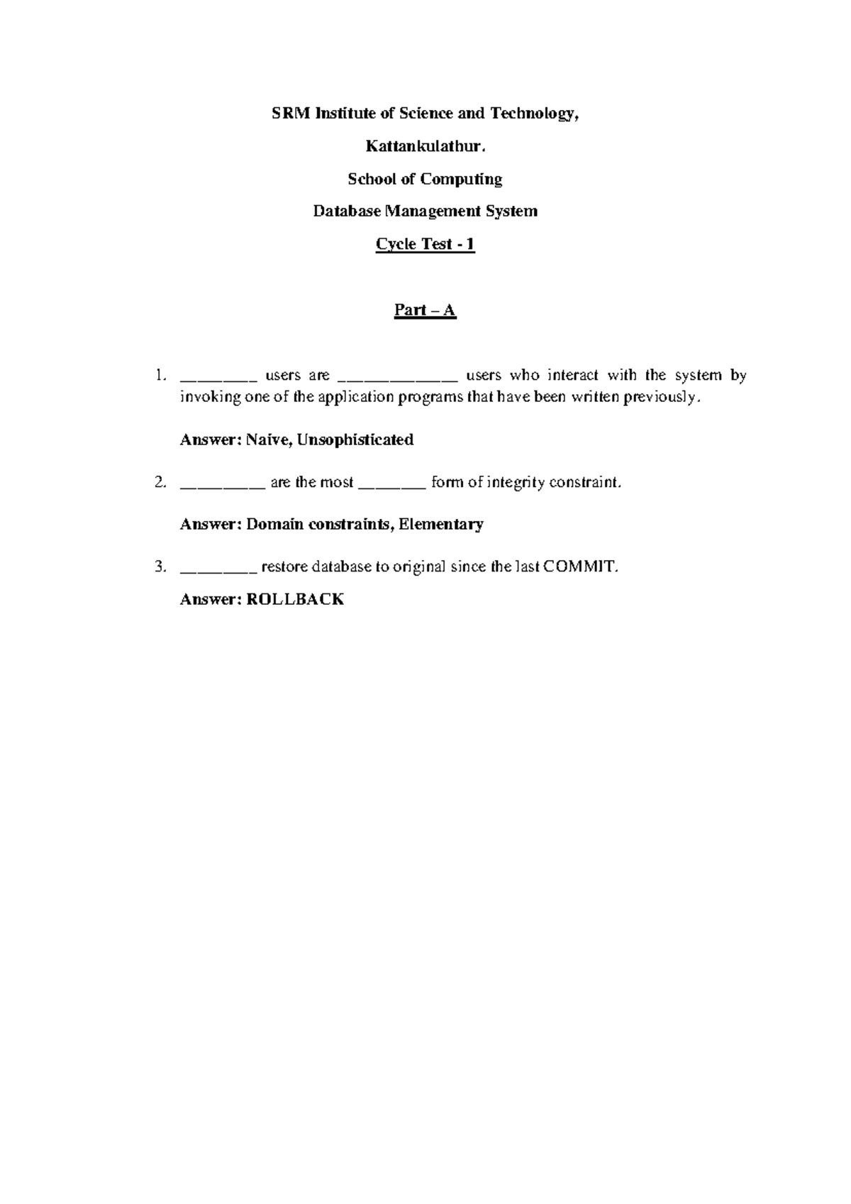 18CSC303J DBMS UNIT I - Practice mcqs and long answers - SRM Institute of Science and Technology ...