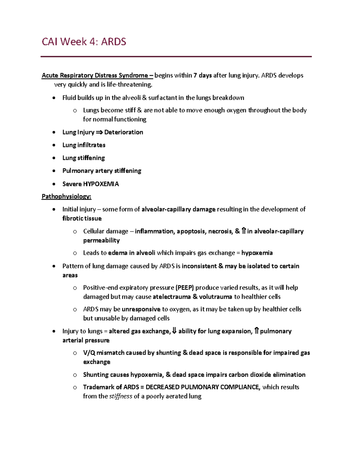 CAI Week 4 Final Exam Notes: Acute Respiratory Distress Syndrome (ARDS ...