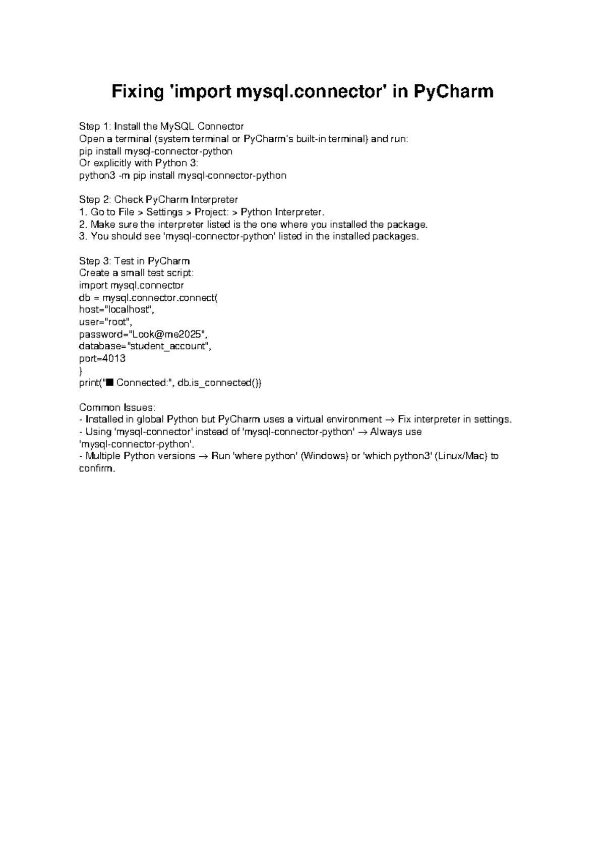 MySQL Connector Setup Instructions for PyCharm - Studocu