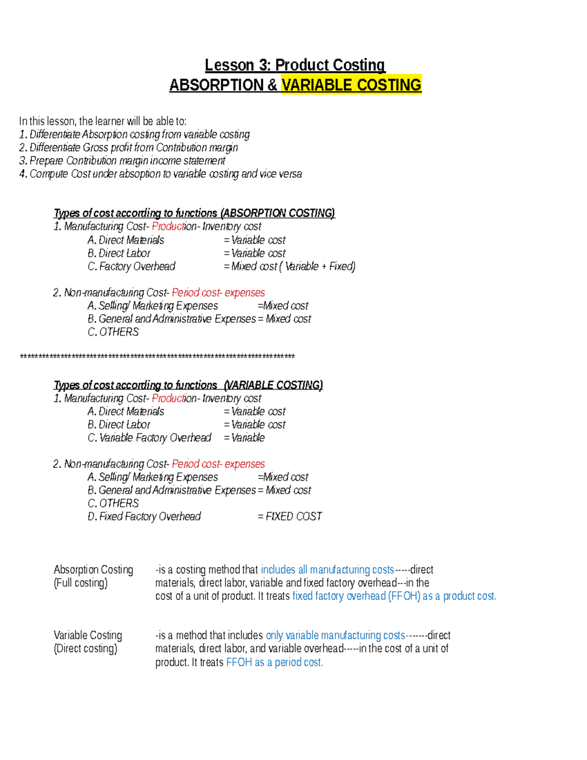 Lesson 3: Product Costing - Absorption vs. Variable Costing Analysis - Studocu