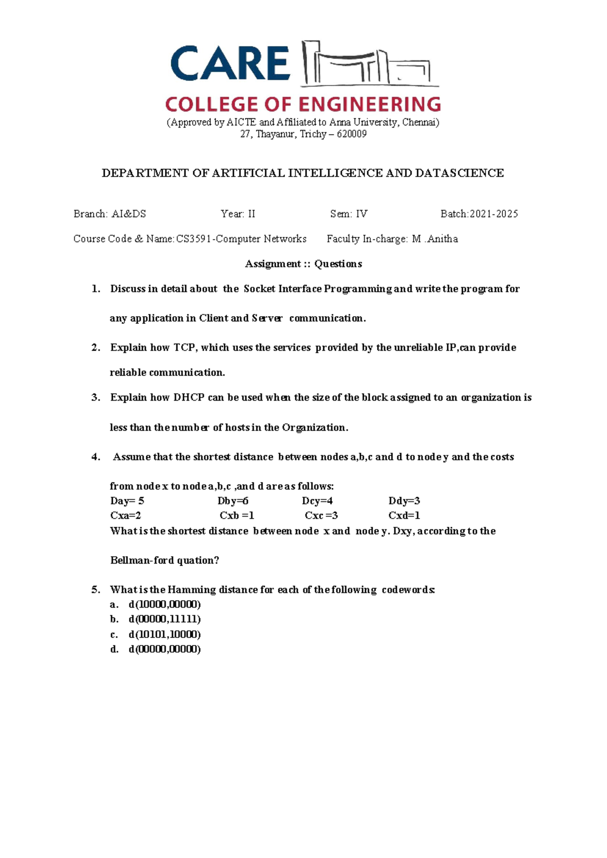 CS3591 - Computer Networks Assignment Questions Samples - Studocu