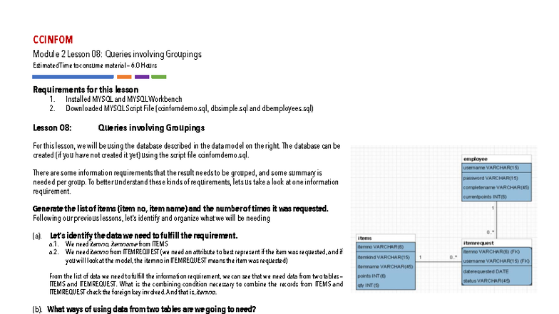 CCINFOM Module 2 Lesson 08: Grouping Queries in SQL - Studocu