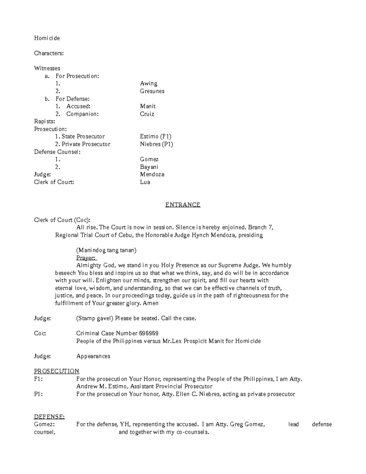 398367358 Homicide Case Script for Practice Court 2: Trial Proceedings ...