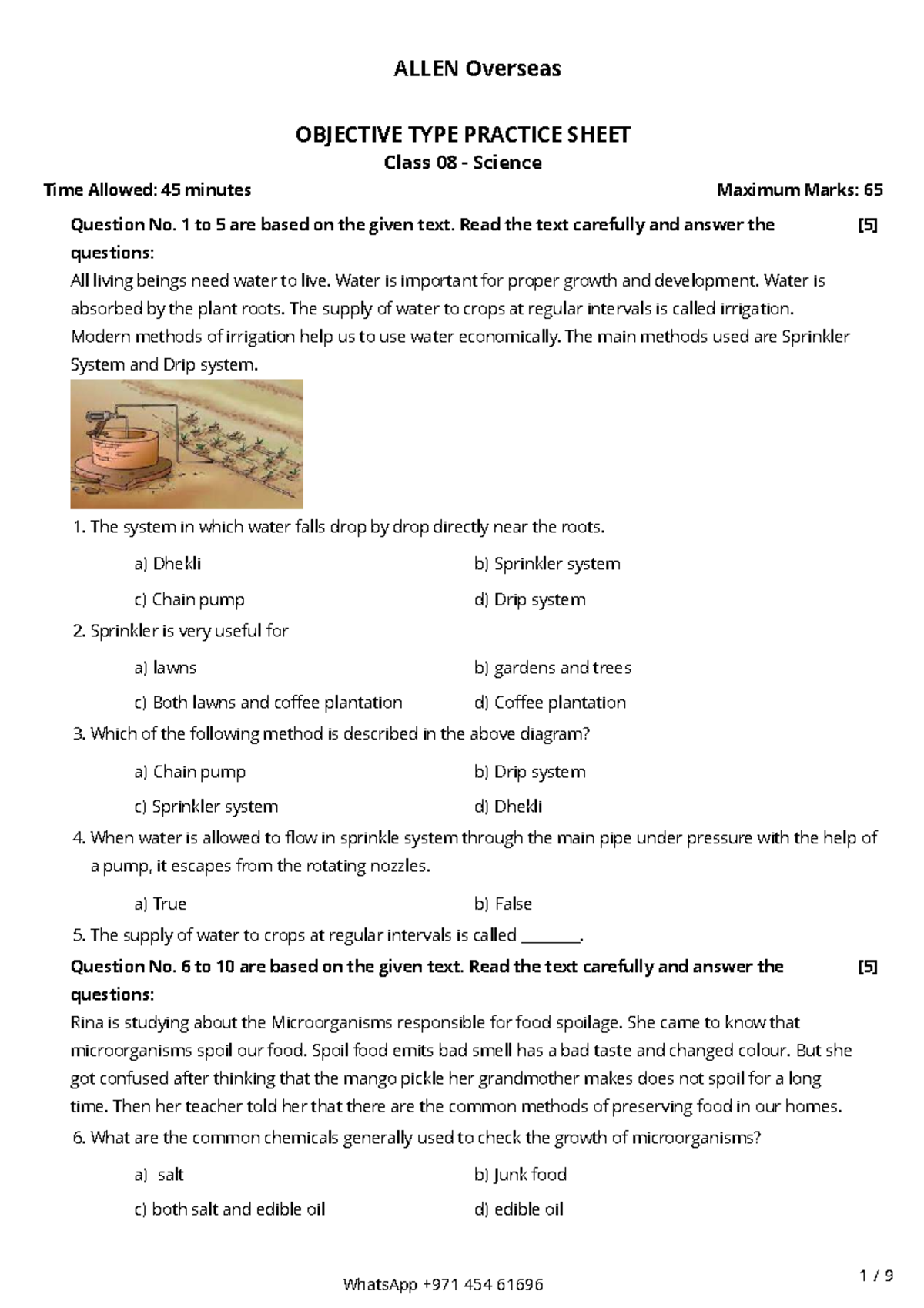 ALLEN Overseas Class 08 Science Objective Type Practice Sheet - Studocu