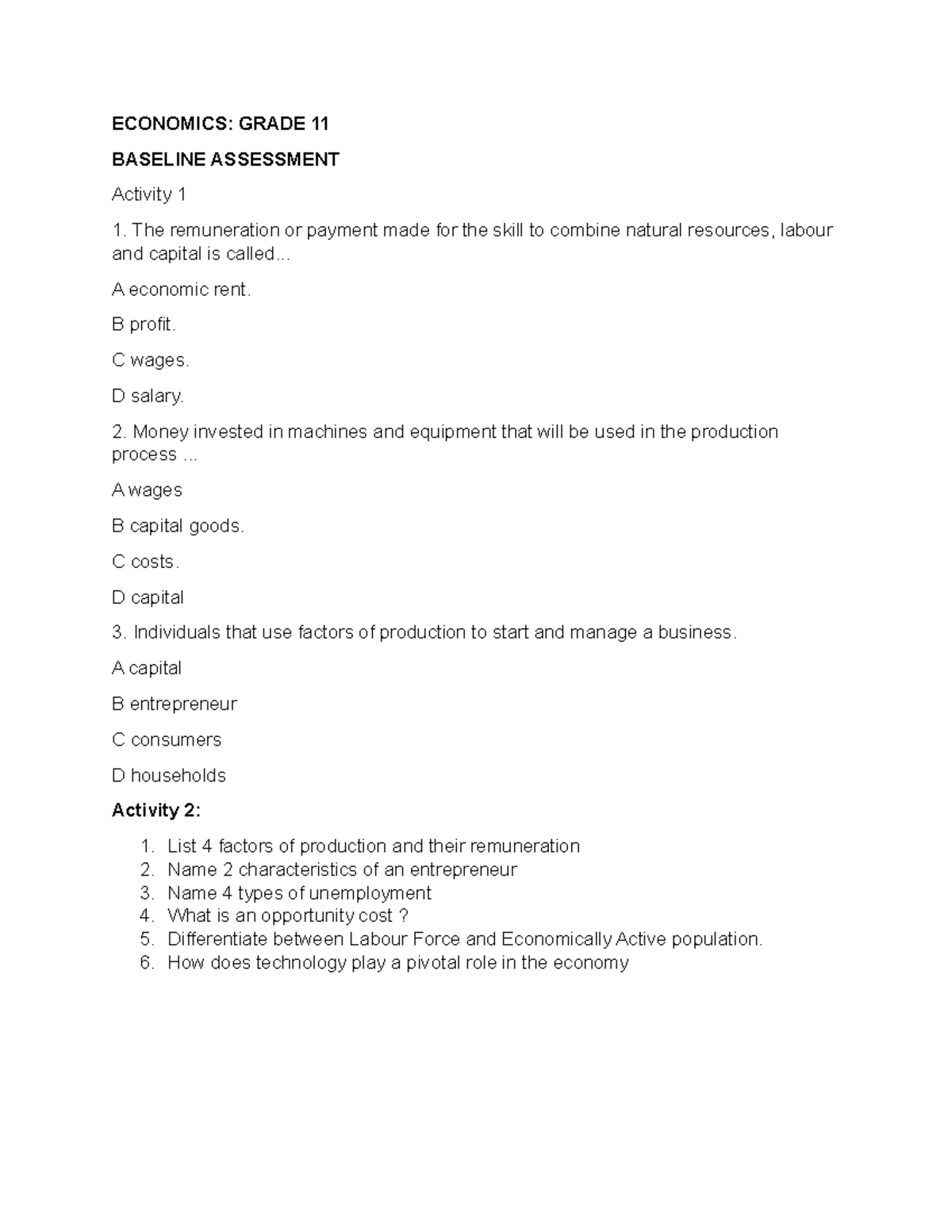 Grade 11 Economics: Baseline Assessment Practice Questions - Studocu