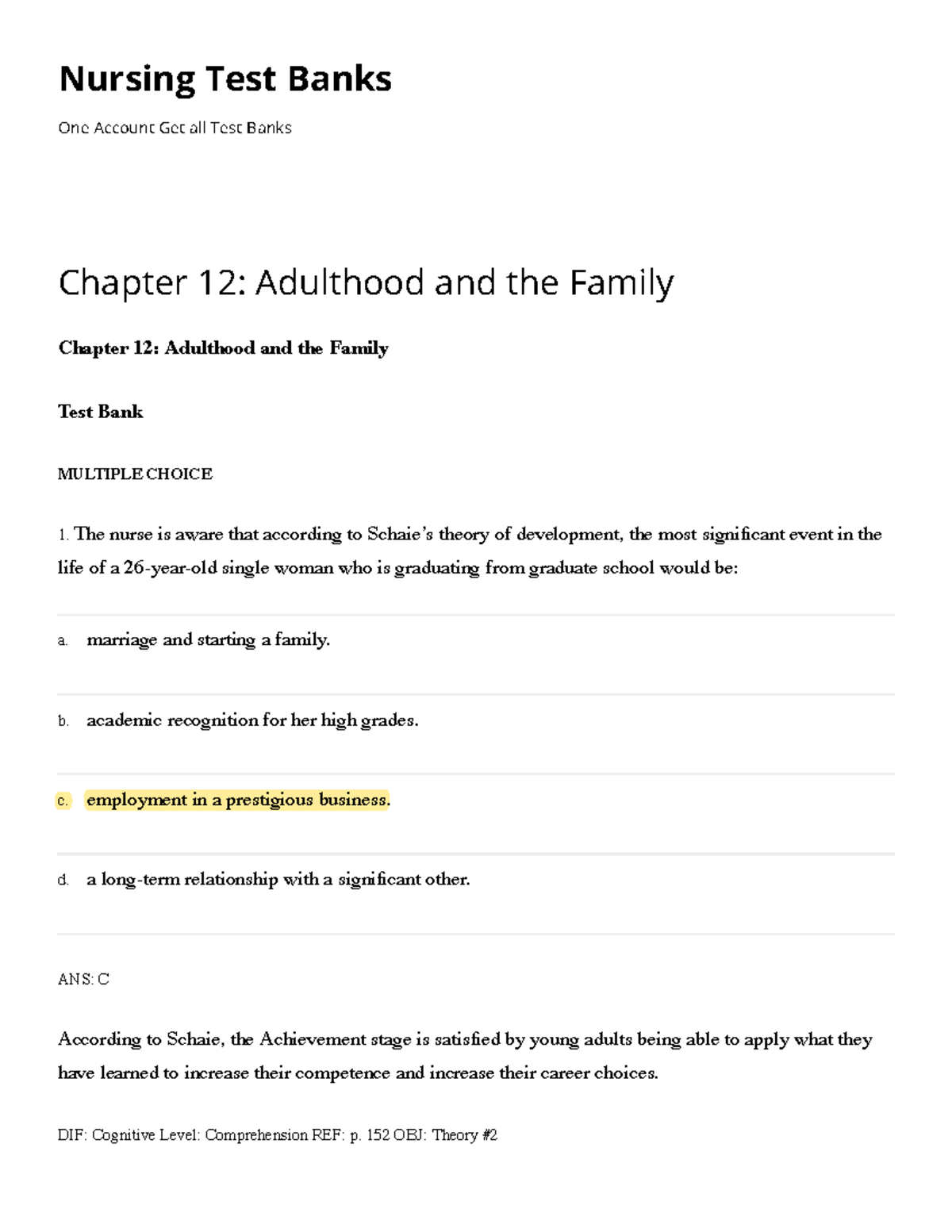 Chapter 12: Adulthood and the Family Nursing Test Banks - Nursing Test ...