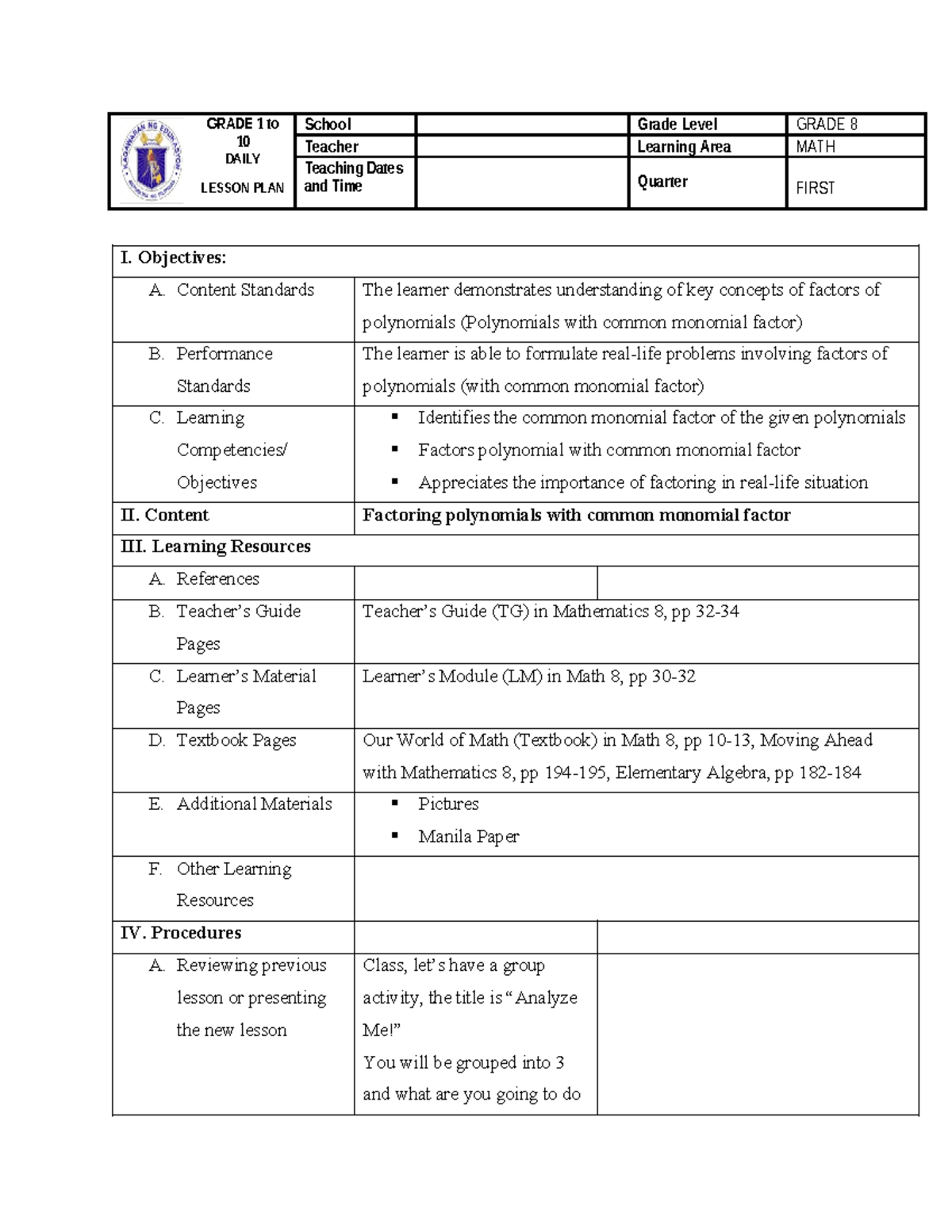 GRADE 8 MATH Lesson Plan: Factoring Polynomials (1st Quarter) - Studocu