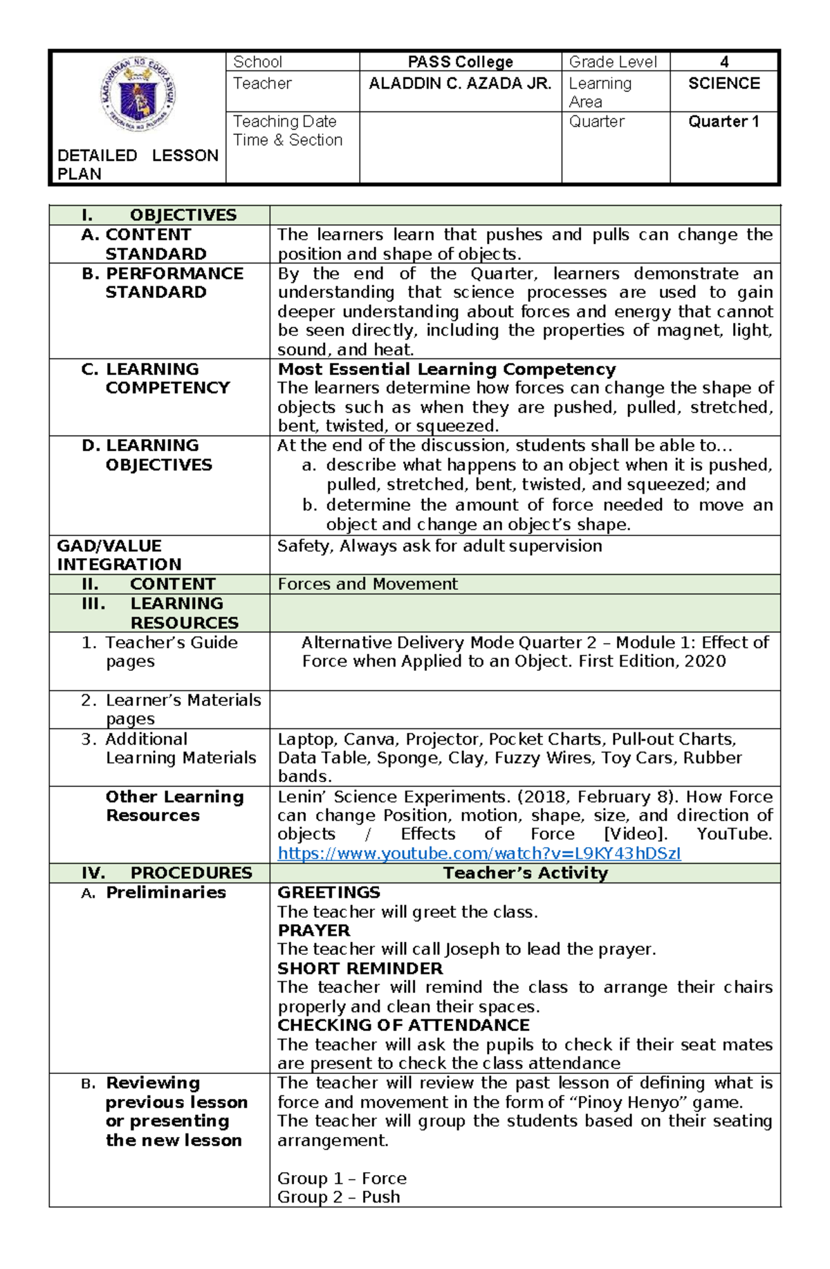 Semi-Detailed Lesson Plan in Science 4: Forces and Movement - Studocu