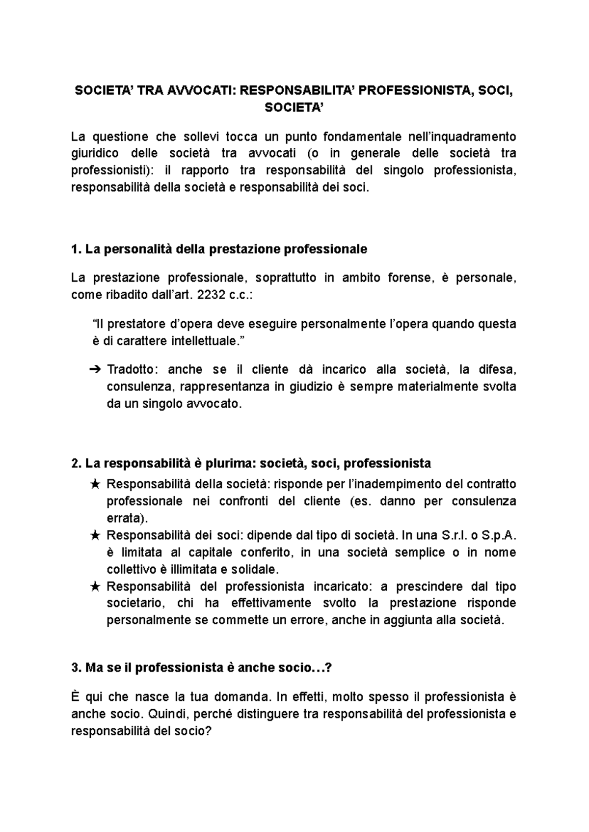 Società tra Avvocati: Responsabilità Professionale e Soci - Studocu