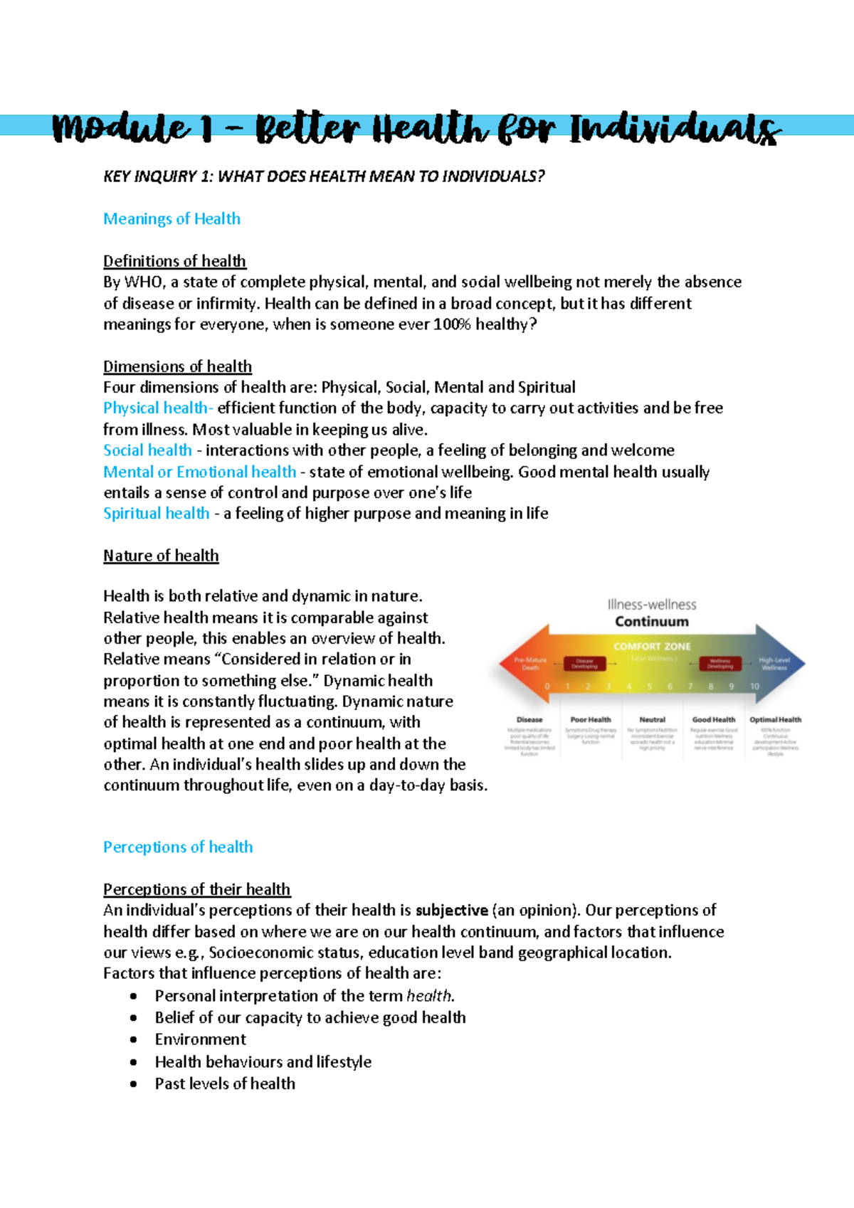 Prelim Pdhpe Notes - KEY INQUIRY 1: WHAT DOES HEALTH MEAN TO ...
