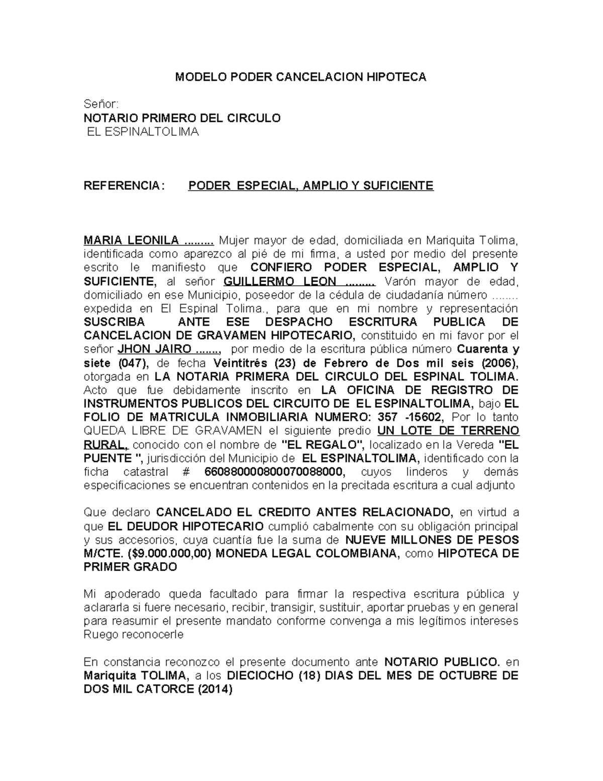 Modelo de Poder Especial para Cancelación de Hipoteca - Studocu