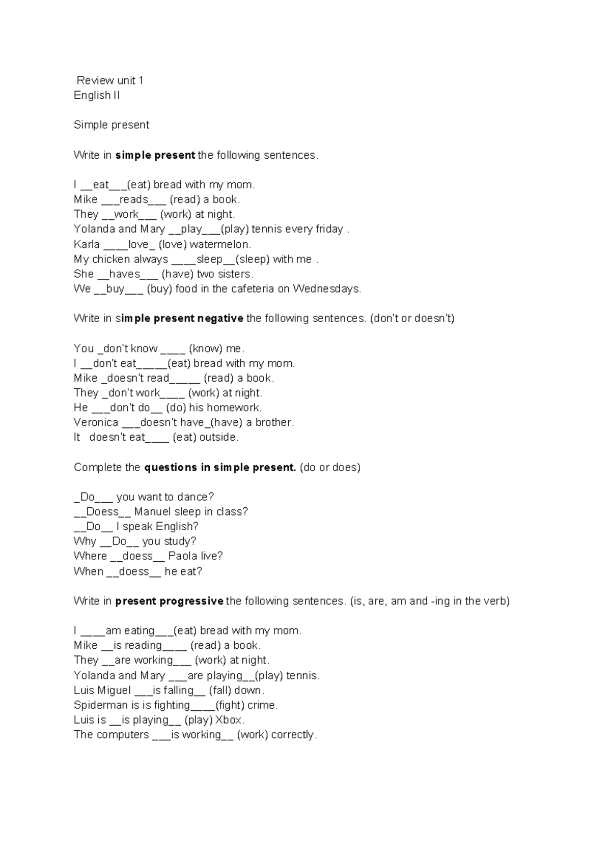 Review Unit 1 English II: Simple Present & Present Progressive ...
