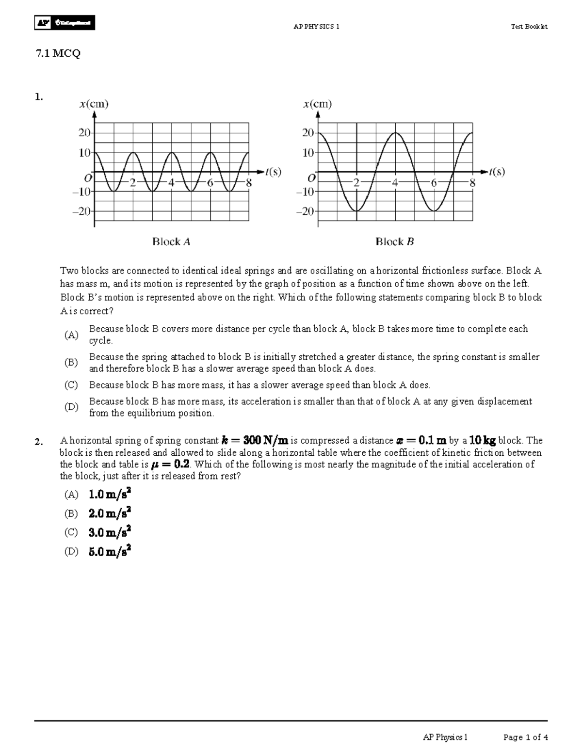 AP PHYSICS 1 Test Booklet 7.1: Multiple Choice Questions - Studocu