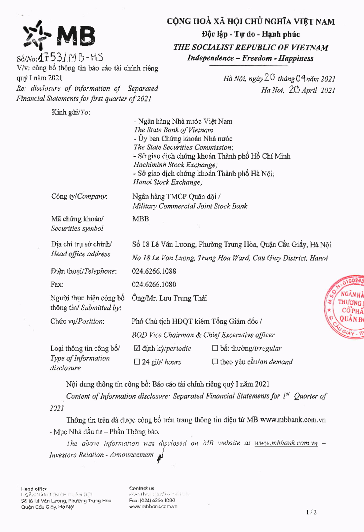 MBB - Summary of Financial Statements Q1 2021 for Military Bank - Studocu