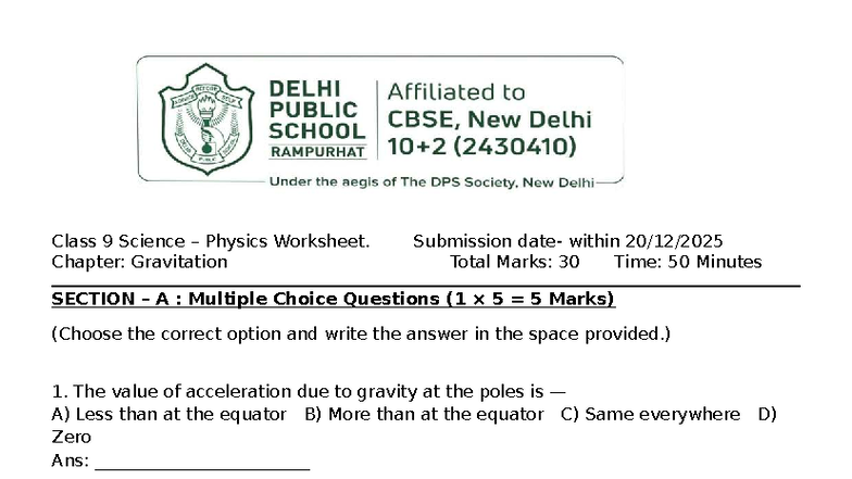 Class 9 Science Physics Worksheet: Gravitation Concepts and Questions ...