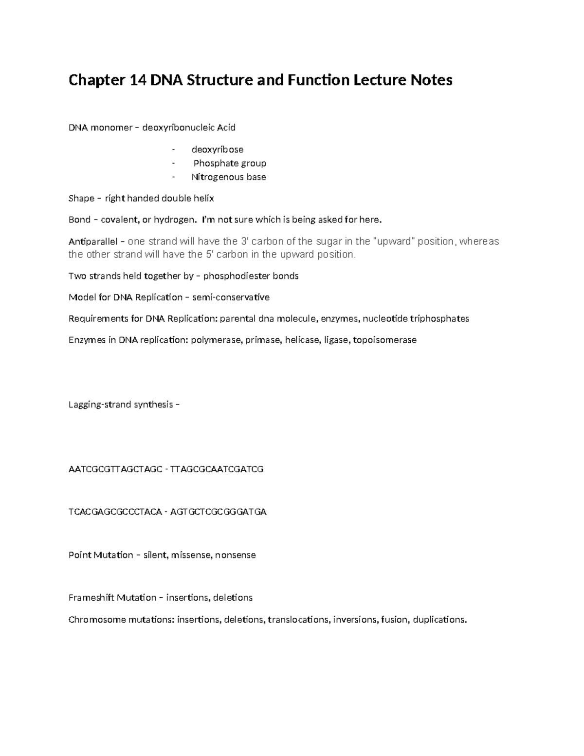 Chapter 14 DNA Structure and Function Lecture Notes - I’m not sure ...