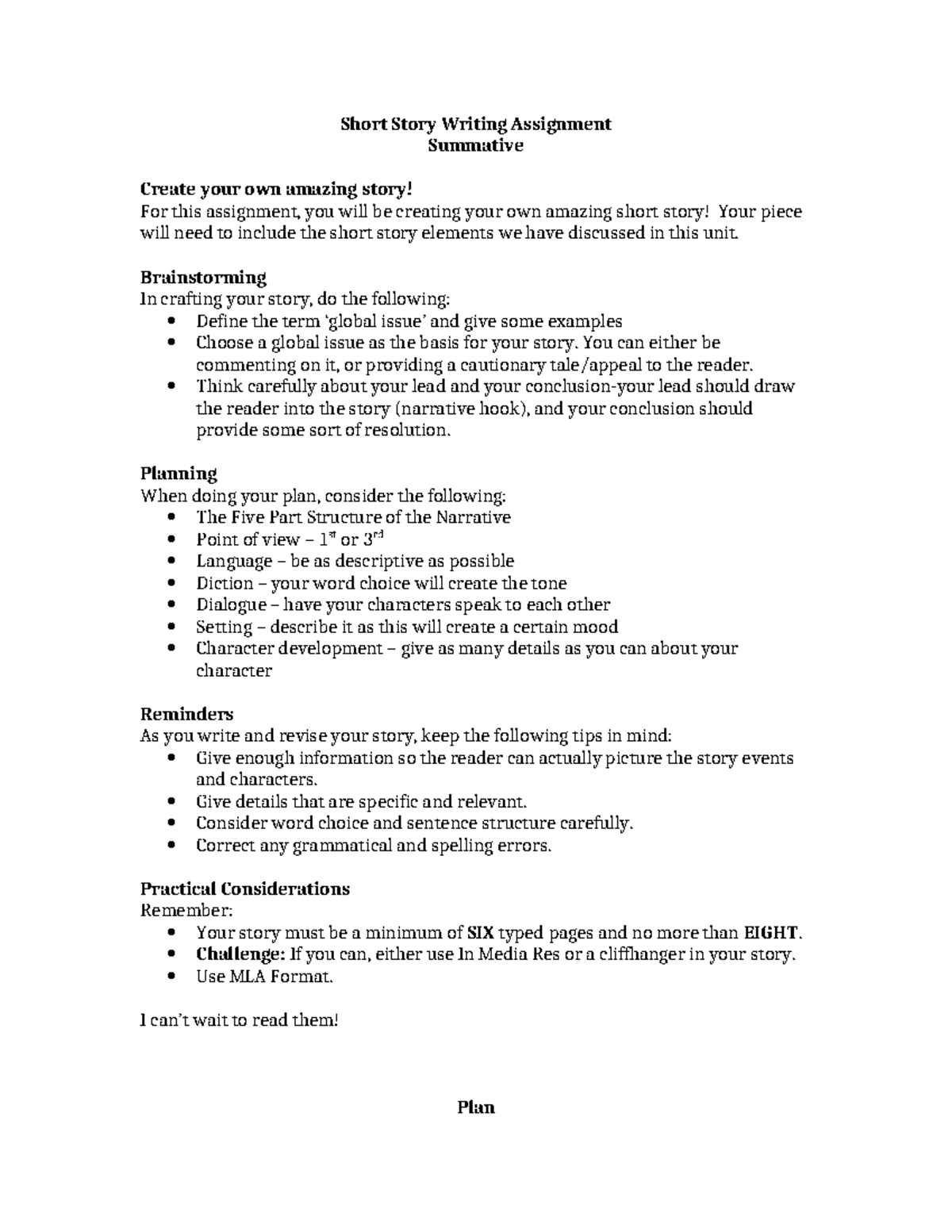 9th Grade Short Story Writing Plan for Assignment - Studocu
