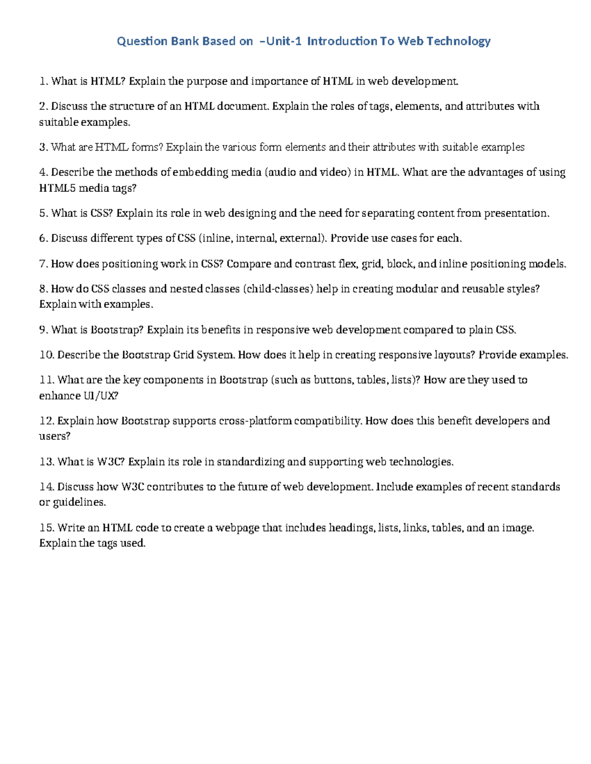 Question Bank for Unit-1 (WT): HTML, CSS, and Bootstrap Concepts - Studocu