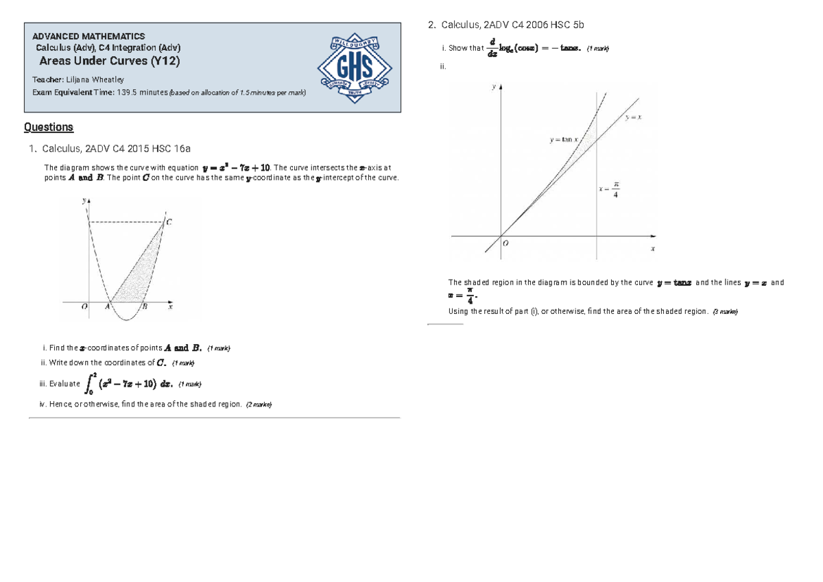 Areas Under Curves: Practice Questions for 2ADV C4 Calculus HSC - Studocu