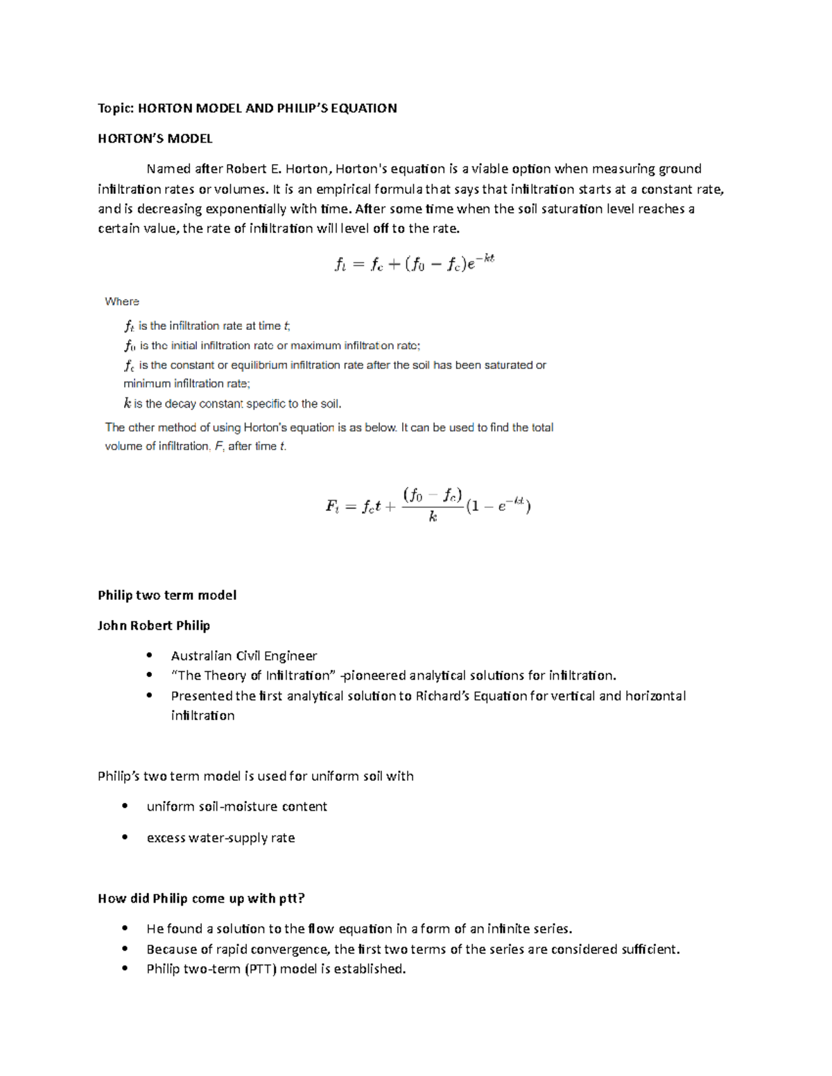 Horton Model AND Philip’S Equation - Topic: HORTON MODEL AND PHILIP’S ...