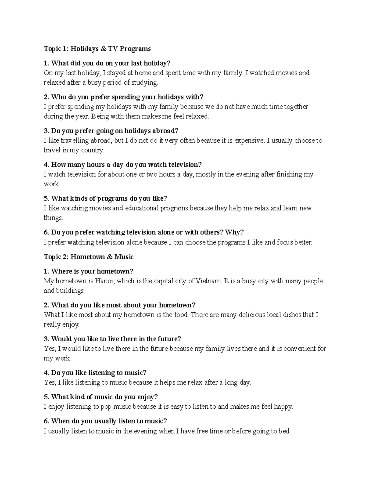 Photo Task 1 Speaking: Holidays, Hometown, Studies, and More - Studocu