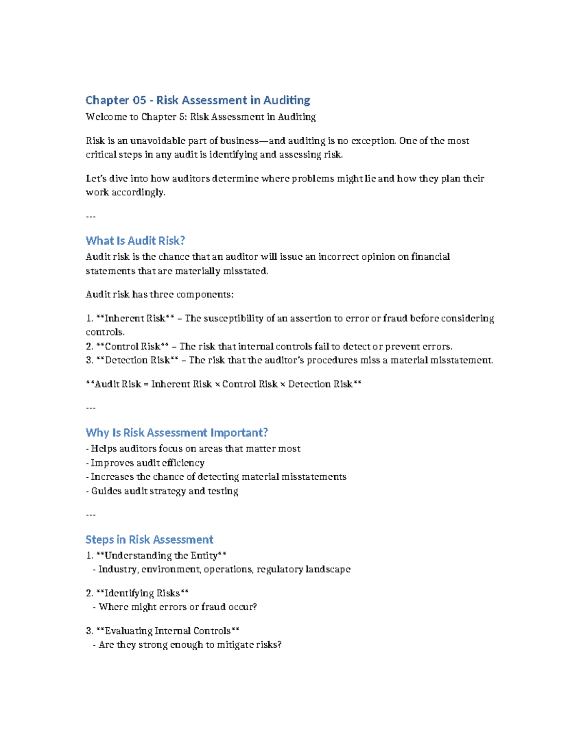Chapter 05: Risk Assessment in Auditing - Key Concepts and Steps - Studocu