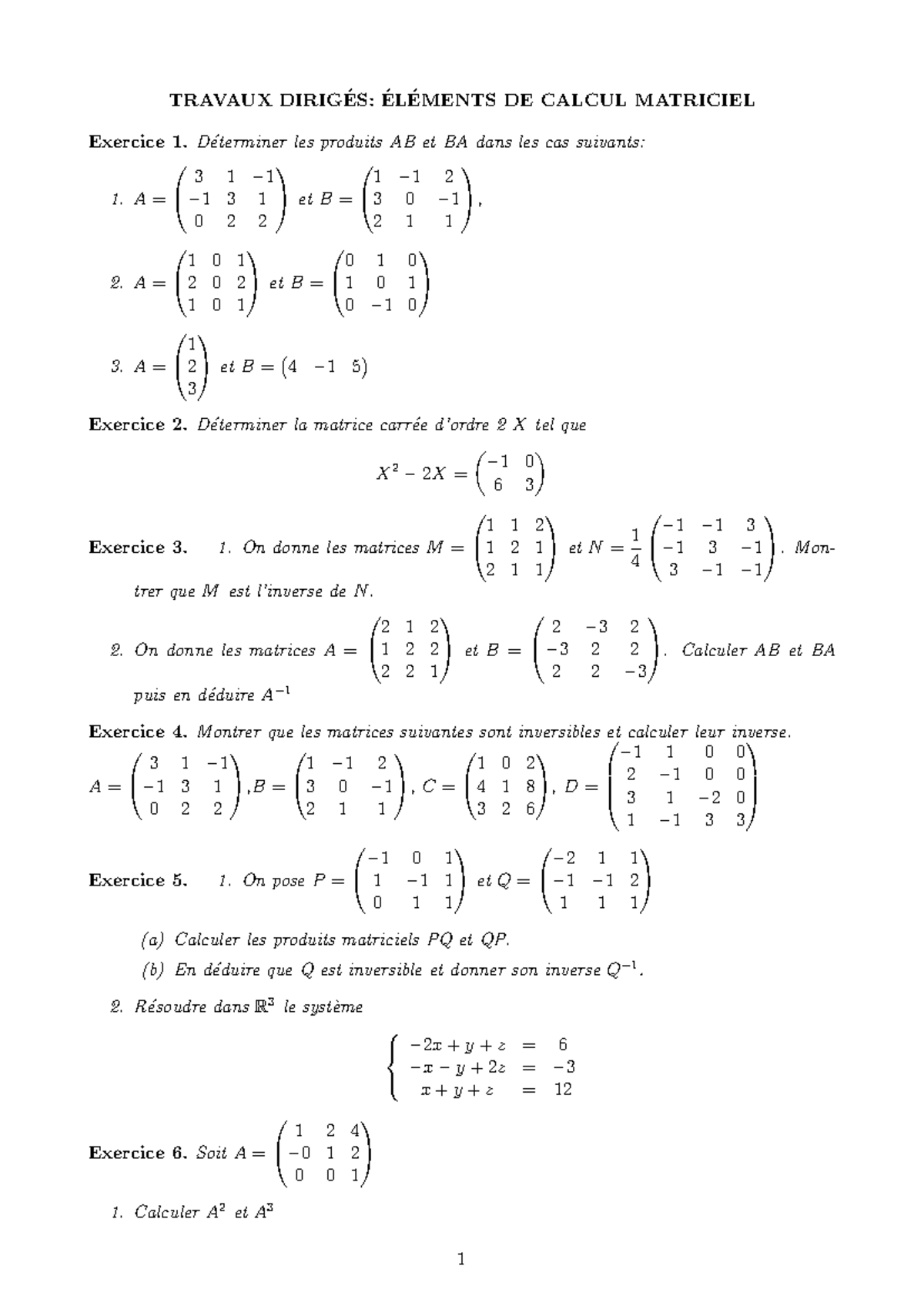 TD Calcul Matriciel - Exercices et Solutions - Studocu
