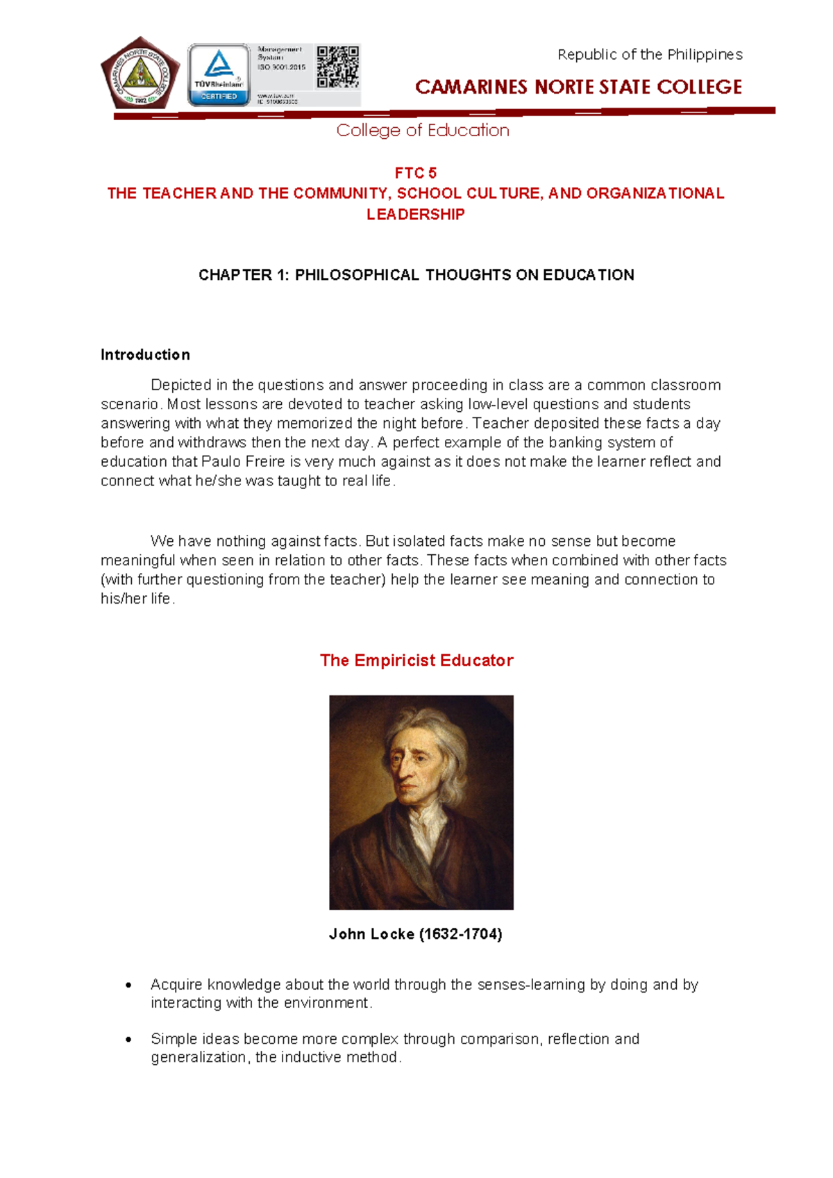 FTC5 Chapter 1: Educational Philosophies and Social Change - Studocu