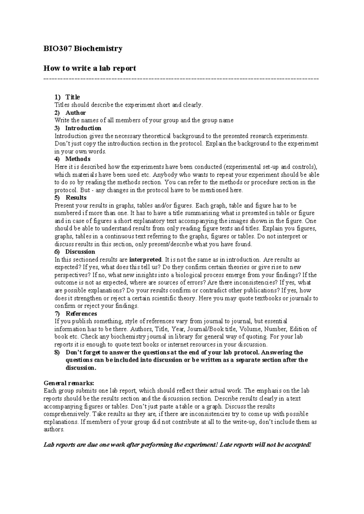BIO307 Lab Report Writing Guidelines: Structure & Key Components - Studocu