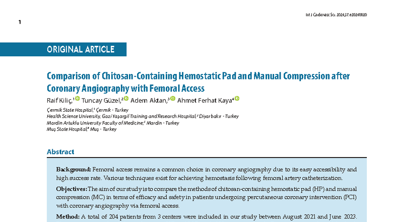 Comparison of Hemostatic Pad vs Manual Compression Post-Coronary ...
