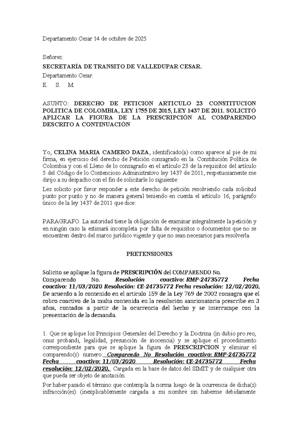 Derecho de Petición sobre Comparendo - Celina María Camero Daza - Studocu