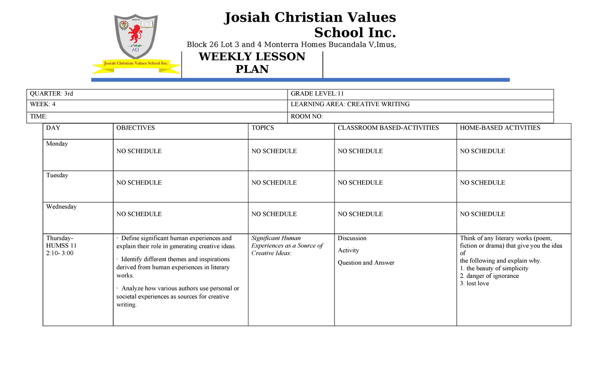 WEEK 4 Creative - LESSON PLAN - DAY OBJECTIVES TOPICS CLASSROOM BASED ...