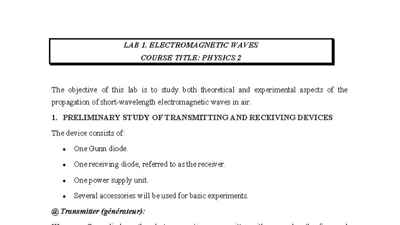 Lab 1: Electromagnetic Waves - Physics 2 Experiment Overview - Studocu