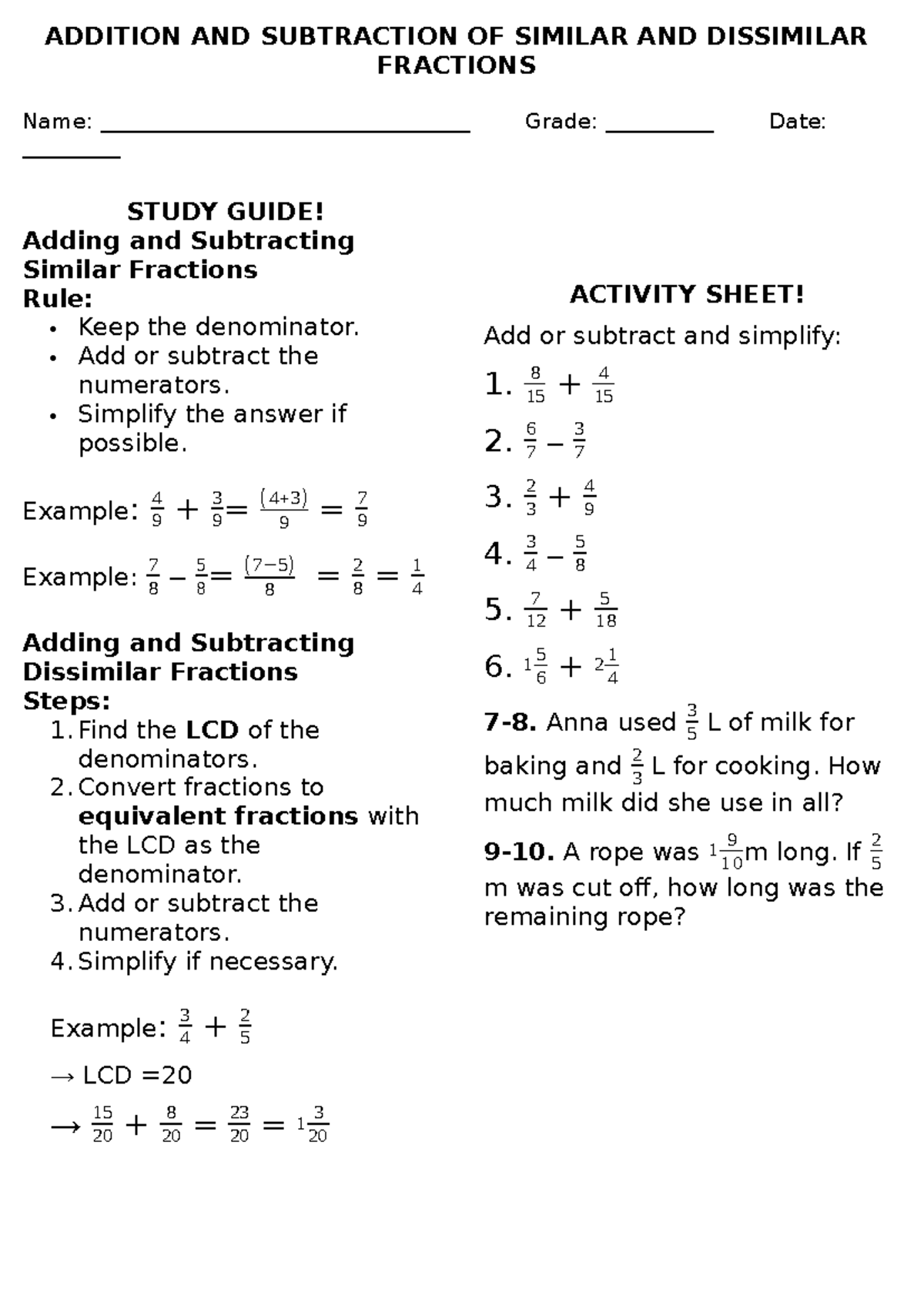 MATH 101: Study Guide on Adding & Subtracting Fractions - Studocu