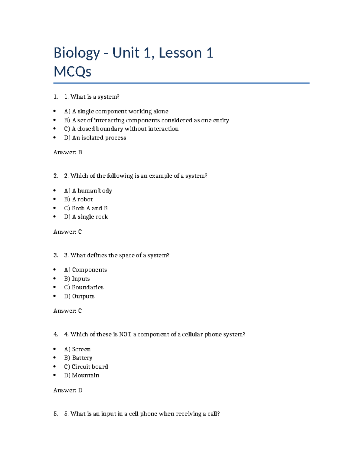 Biology 101, Unit 1: Lesson 1 MCQs on Systems and Components - Studocu