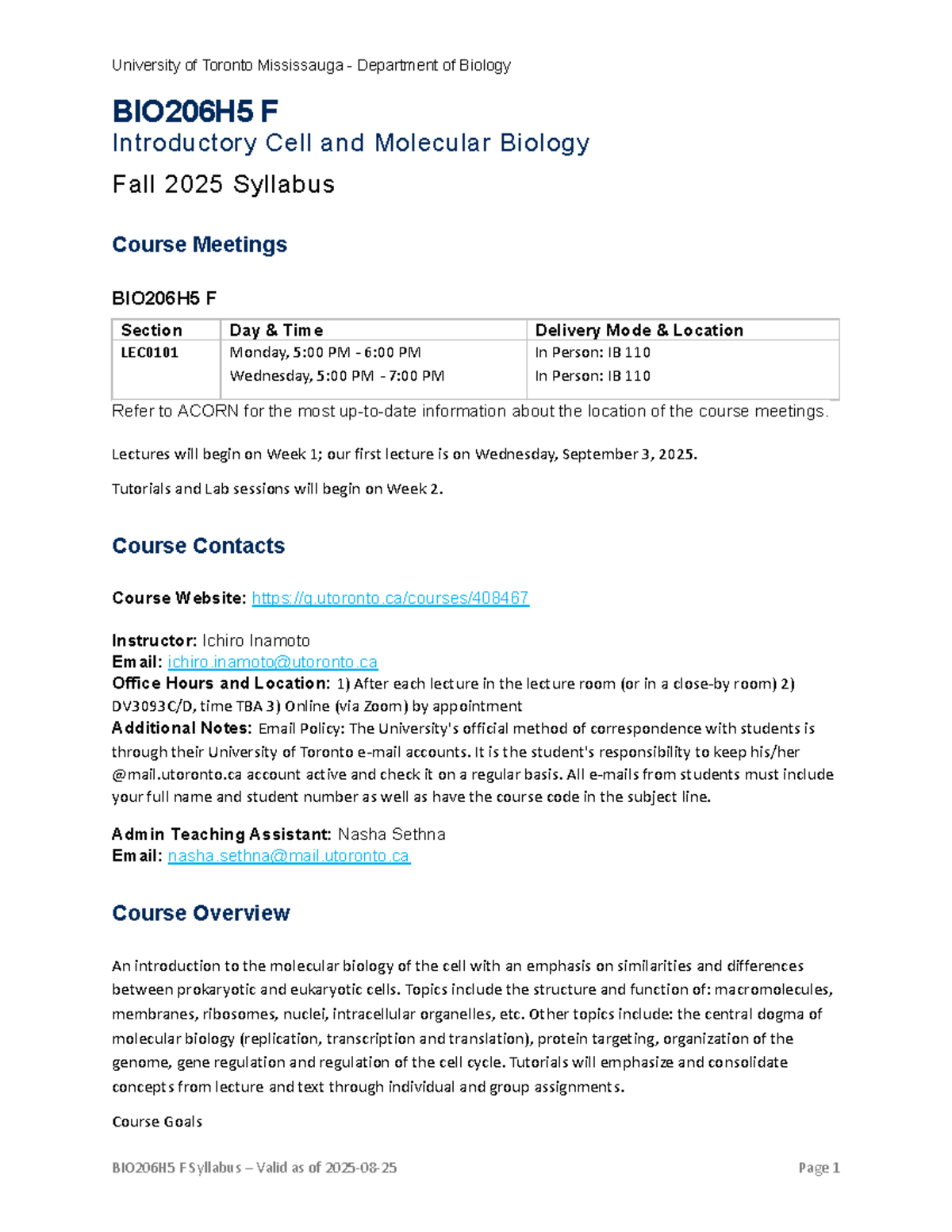 BIO206H5 F Fall 2025 Syllabus: Intro to Cell & Molecular Biology - Studocu