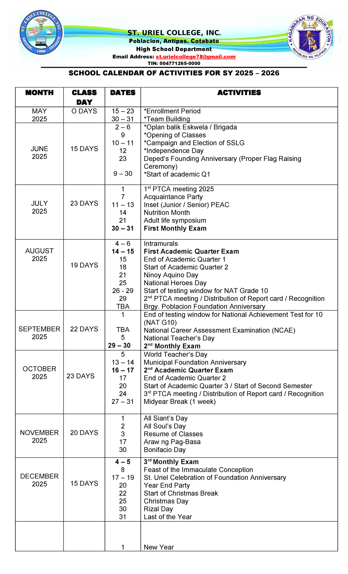 School Calendar of Activities SY 2025-2026: May to December - Studocu