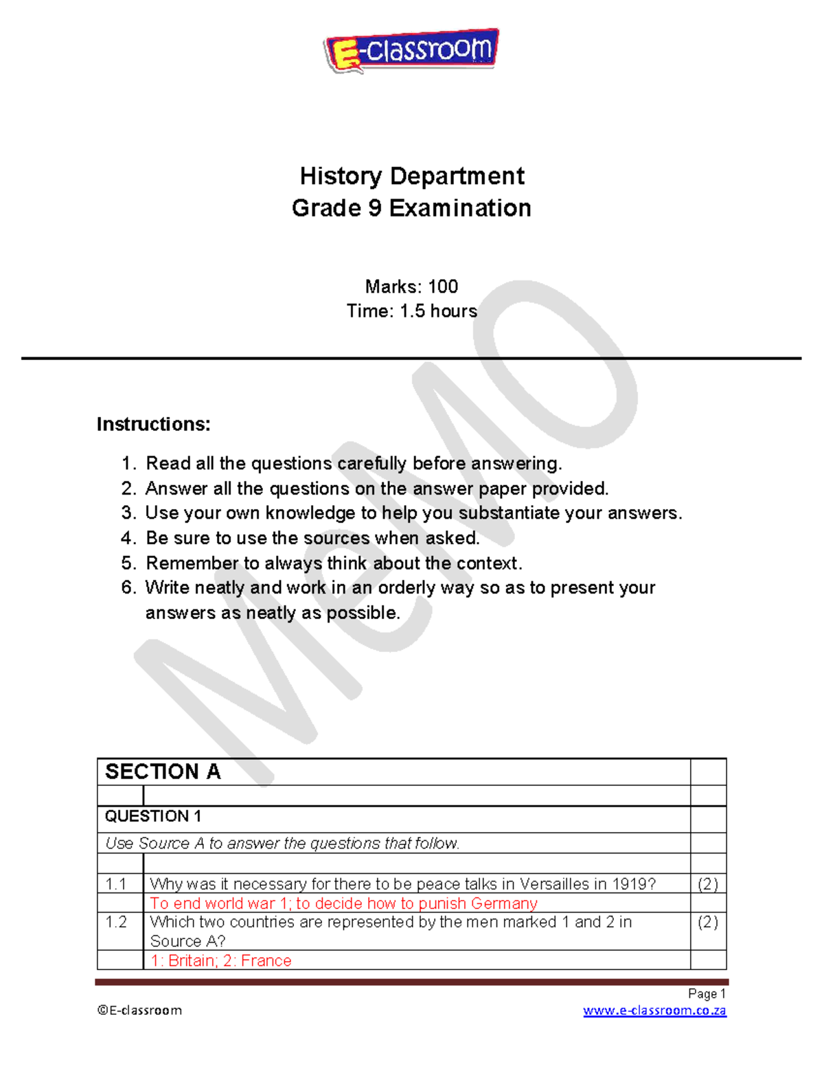Gr9 History Term 2 Exam Practice Paper Memo: Key Answers & Insights ...