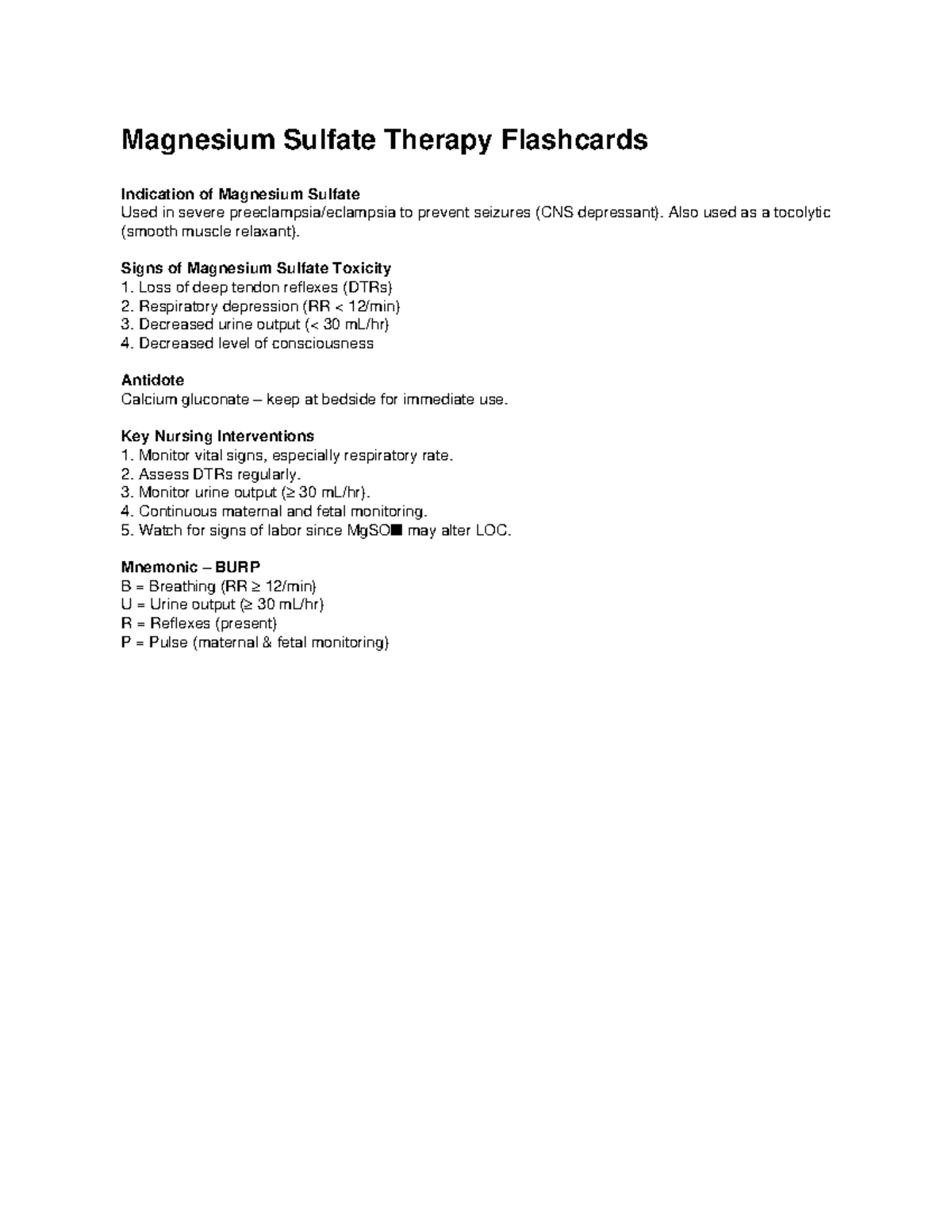 Magnesium Sulfate Therapy Flashcards: Indications & Nursing ...