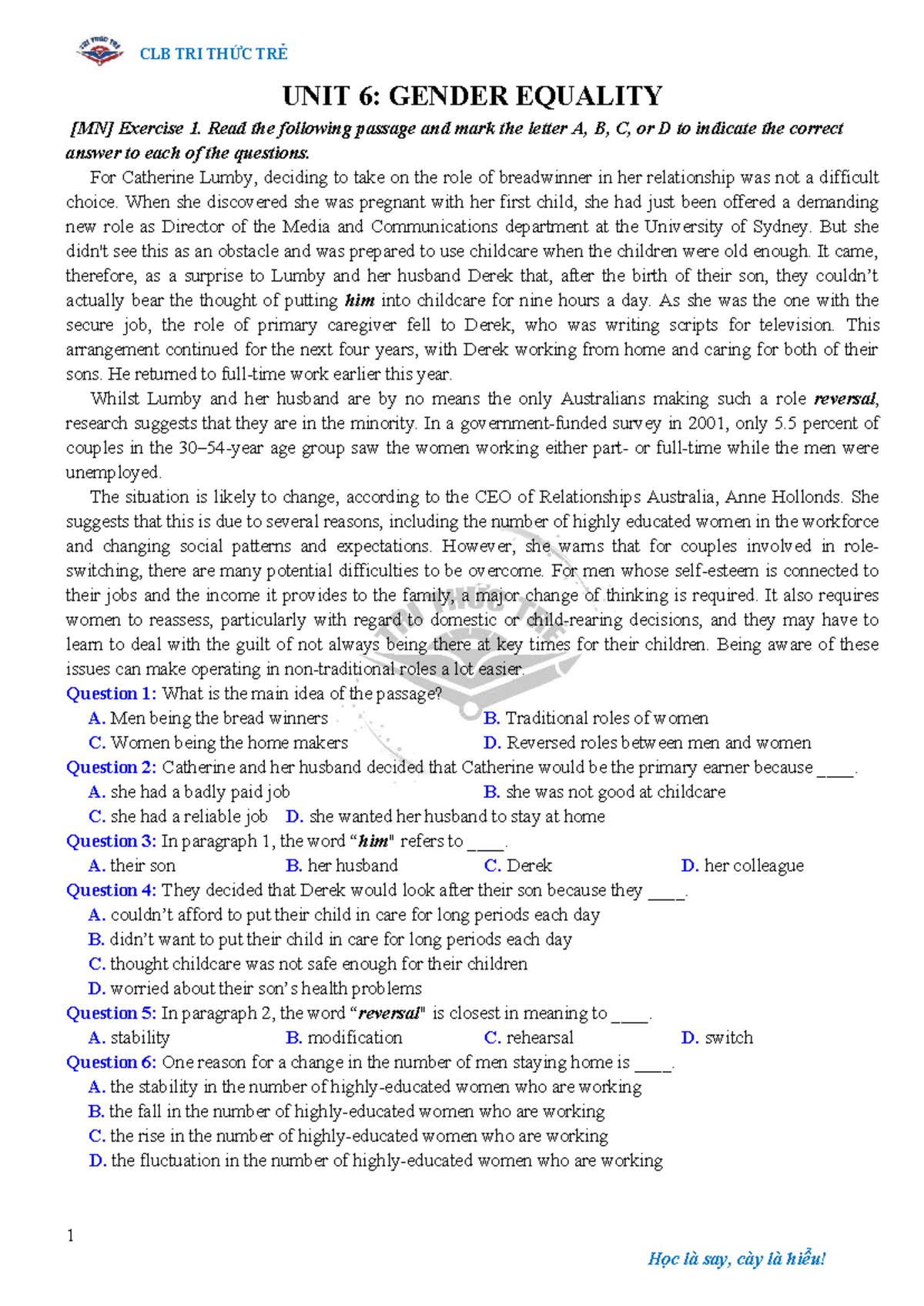 K10.UNIT 6: GENDER EQUALITY - Reading Comprehension Exercises - Studocu