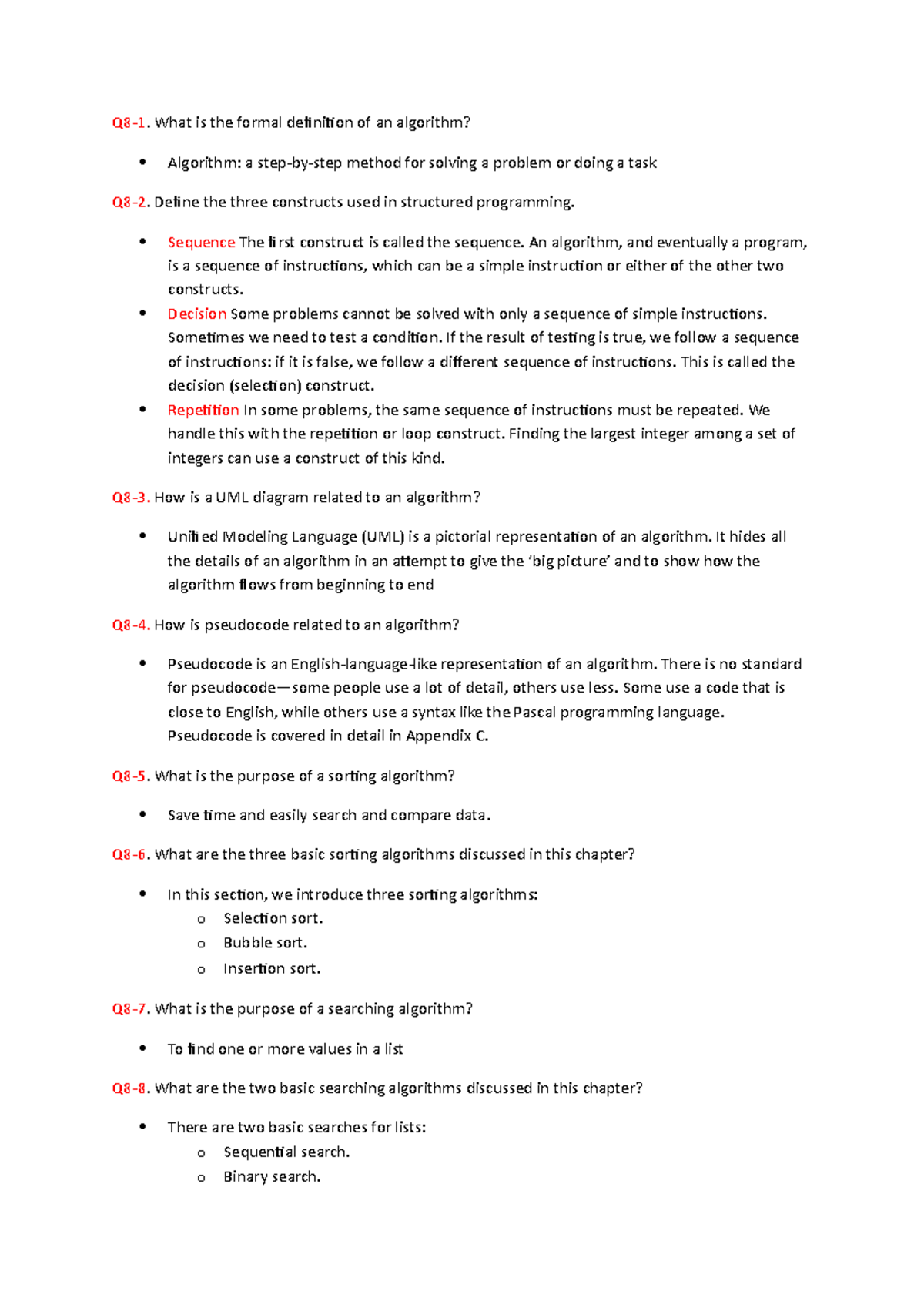 Chapter 8 review - Q8-1. What is the formal definition of an algorithm ...