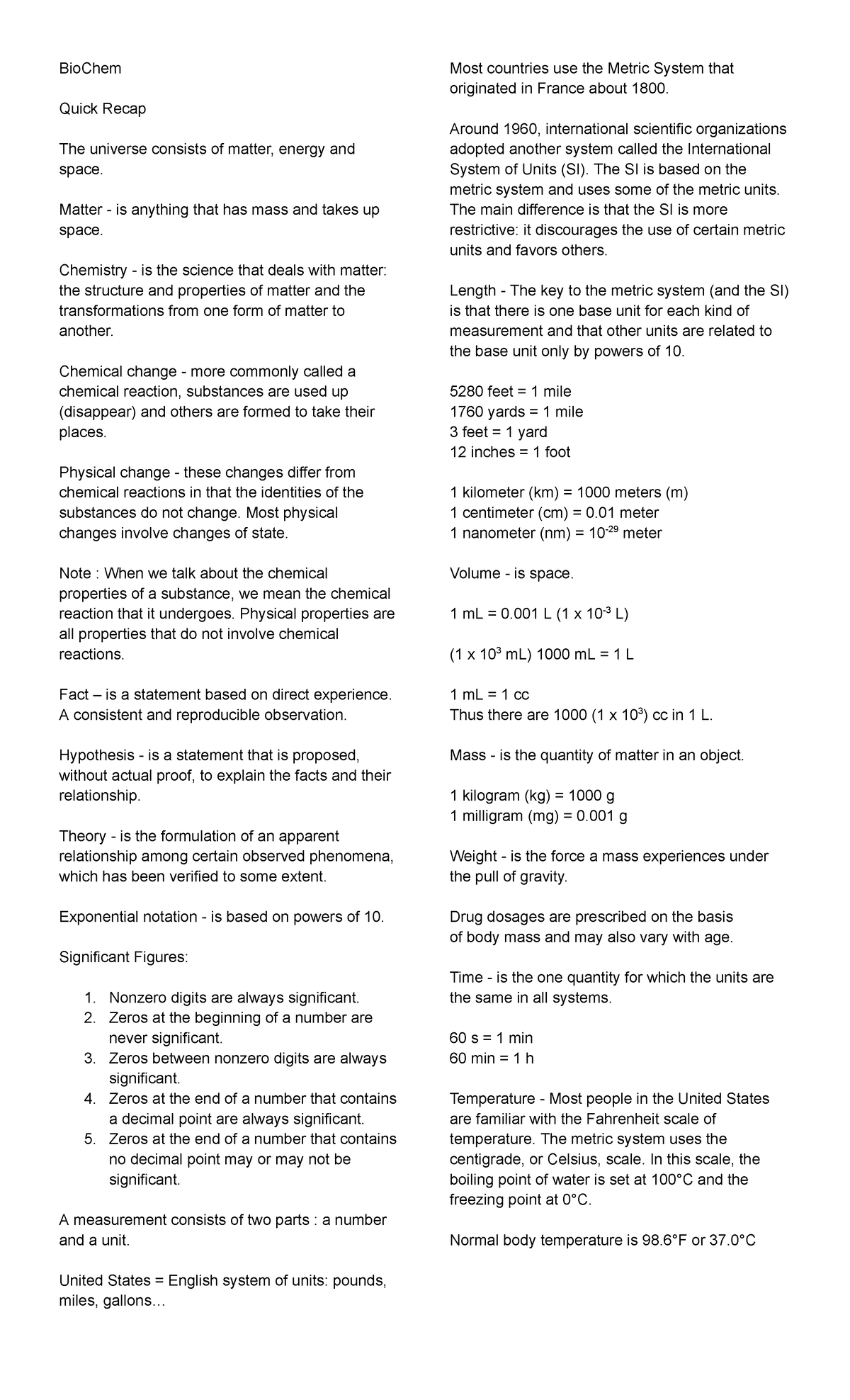 Bio Chem - Introductory Notes on Chemistry & Measurements - Studocu