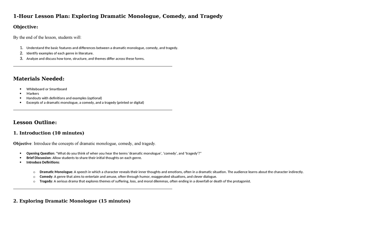 Detailed Lesson Plan: Dramatic Monologue, Comedy & Tragedy - Studocu