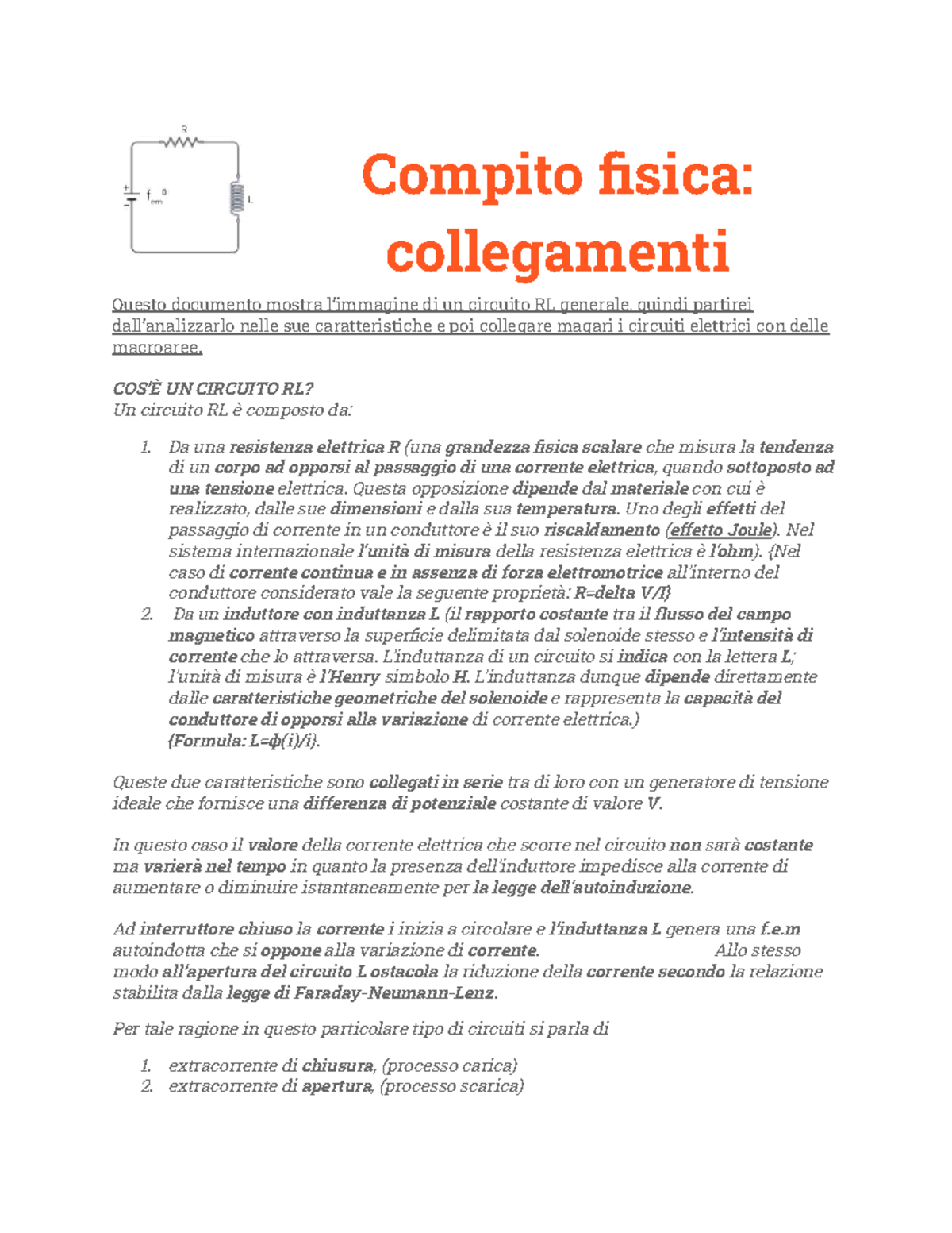 Compito Fisica: Circuiti RL e Collegamenti con Macroaree - Studocu