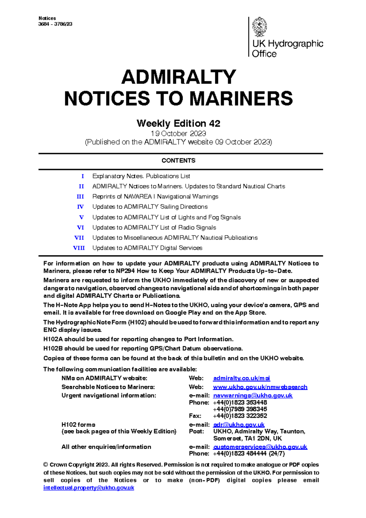 UKHO Admiralty Notices to Mariners - Weekly Edition 42 (19 Oct 2023 ...